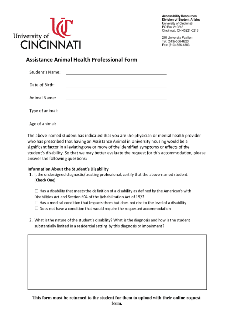 Fillable Online Assistance Animal Health Professional Form Fax Email Print - pdfFiller