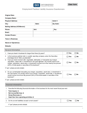 Fillable Online Employment Practices Liability Insurance Questionnaire ...