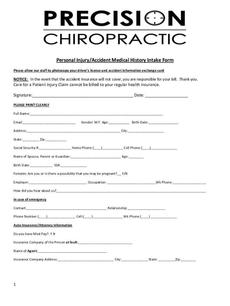 Fillable Online Personal Injury / Collision Medical History Intake Form ...