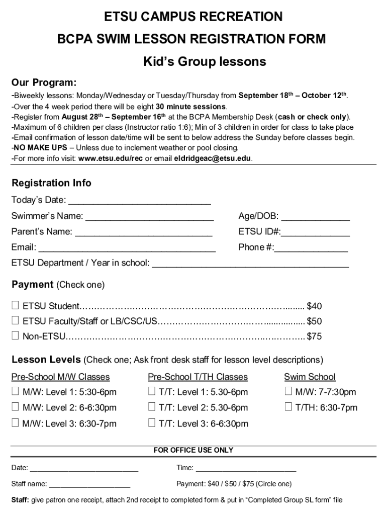 Fillable Online ETSU CAMPUS RECREATION BCPA SWIM LESSON REGISTRATION ...