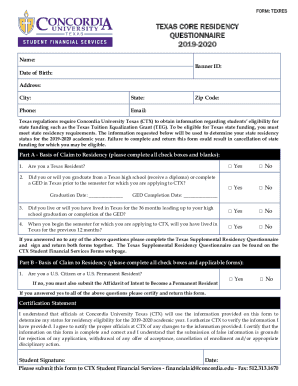 Fillable Online Fill - Free fillable Texas Core Residency Questionaire ...