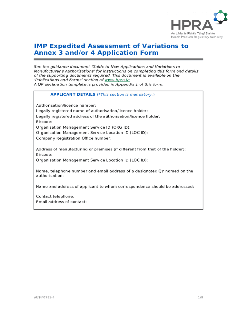 IMP immediate notification of variations to Annex 3 and or ... Doc Template | pdfFiller