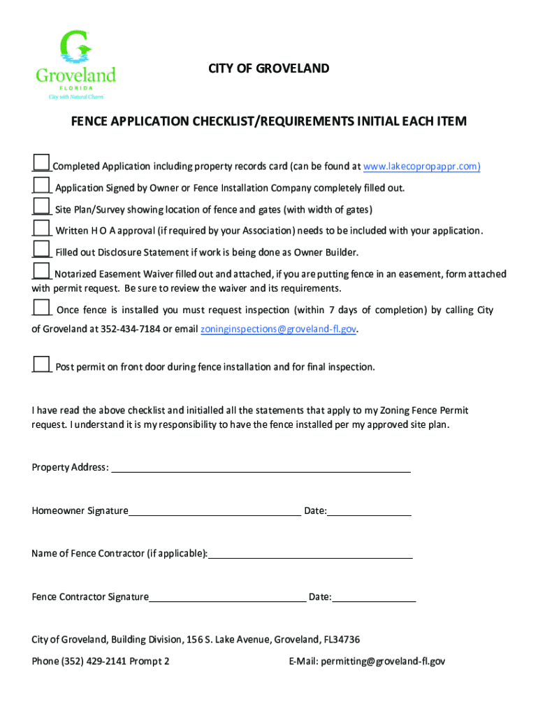Fillable Online CITY OF GROVELAND FENCE APPLICATION CHECKLIST ... Fax ...