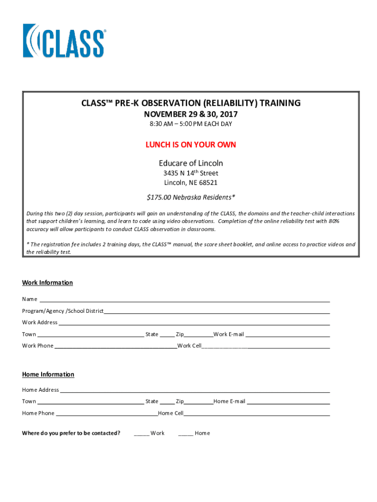 Fillable Online CLASS Observation (Reliability) Training - Pre-K - Hall ...