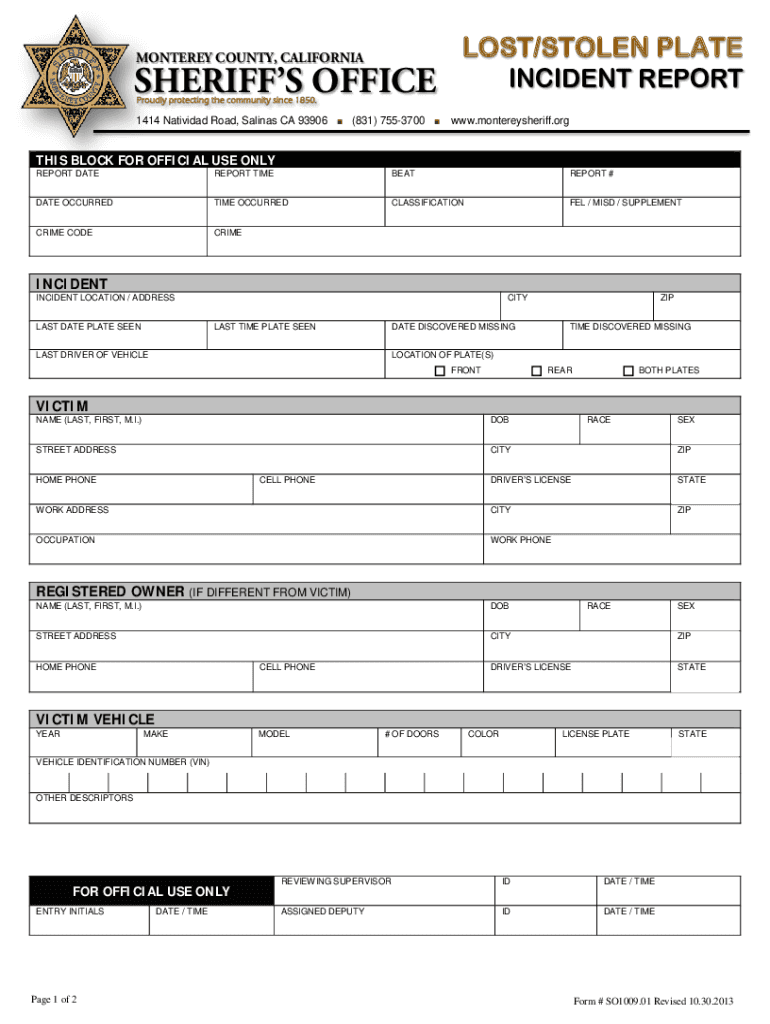 Fillable Online Sheriff log: Theft of license plate from vehicle ...