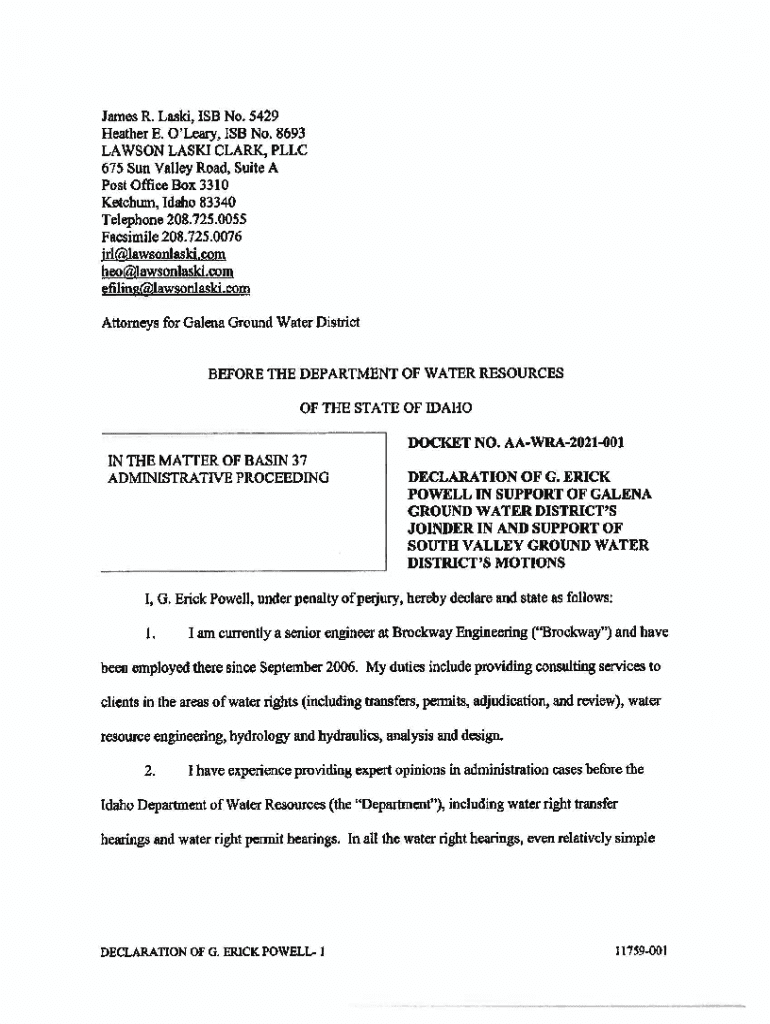 Fillable Online idwr idaho Declaration of G. Erick Powell in Support of ...