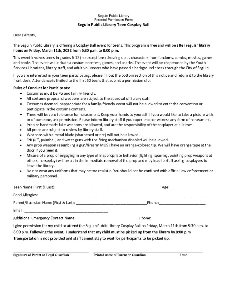 Fillable Online cms5.revize.comrevizeseguintxSeguin Public Library Parental Permission Form ...