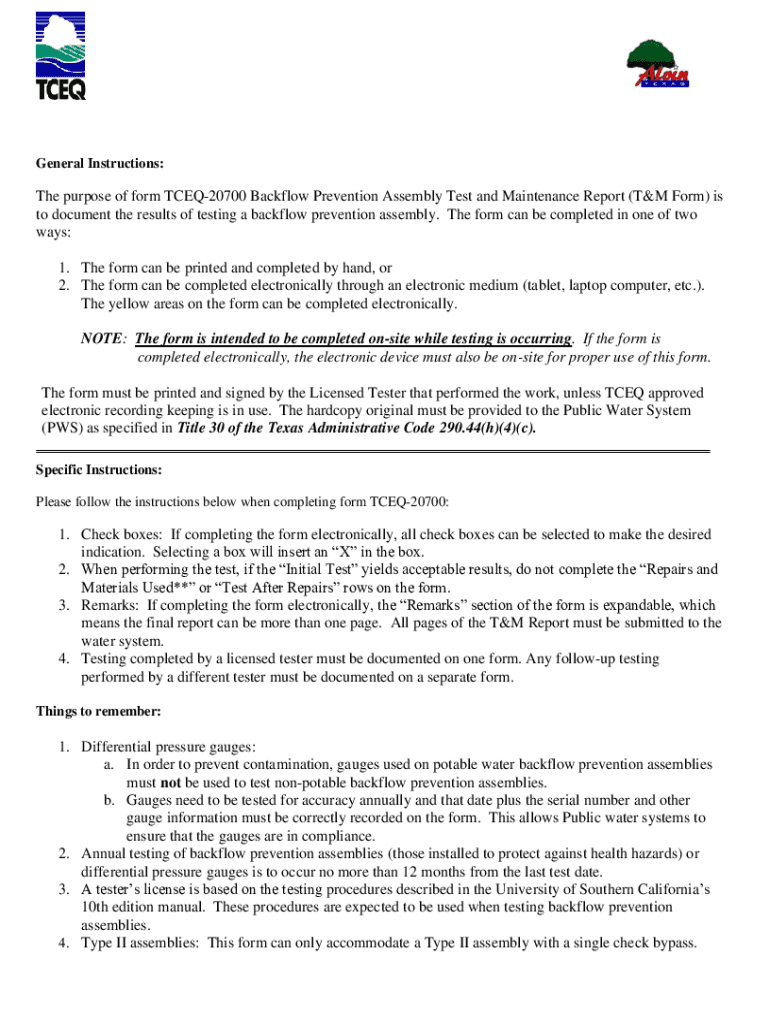 Fillable Online TCEQ Form 20700 - BACKFLOW PREVENTION ASSEMBLY TEST AND ...