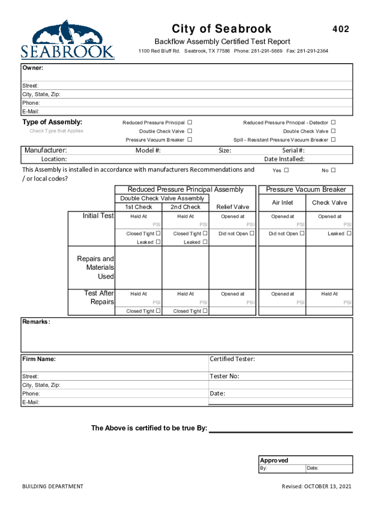 Fillable Online Fillable Form 402: City of Seabrook Backflow Assembly ...