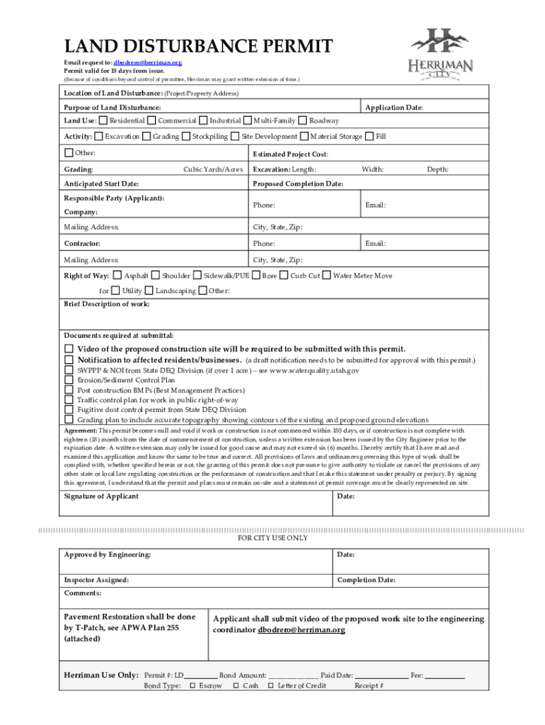 Fillable Online Land Disturbance Permit & Agreement Fax Email Print ...