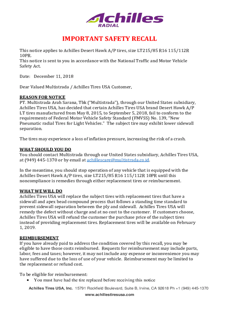 Fillable Online Achilles Desert Hawk A/P Vehicle Tire Safety Recalls ...
