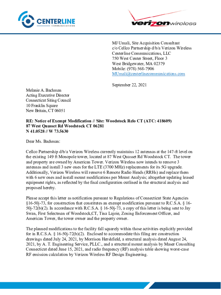 Fillable Online RE: Notice of Exempt Modification // Site: STONEYBROOK RD ... Fax Email Print ...