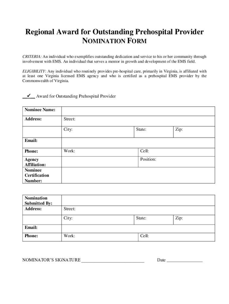 Fillable Online Regional Award for Outstanding Prehospital Provider ...