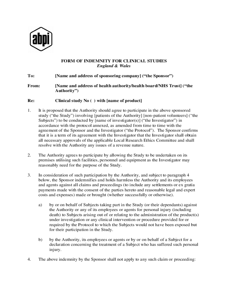 Fillable Online FORM OF INDEMNITY FOR CLINICAL STUDIES Fax Email Print ...