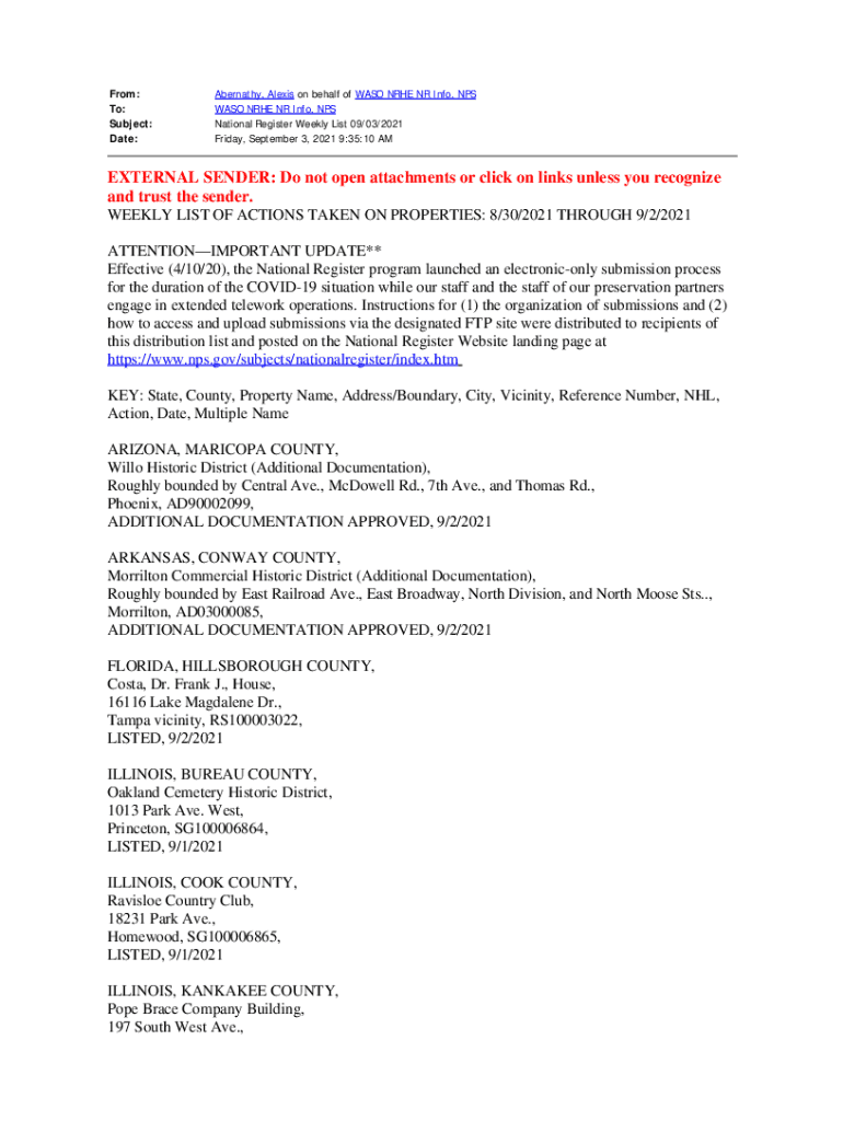 Fillable Online Weekly List - National Register of Historic Places ...