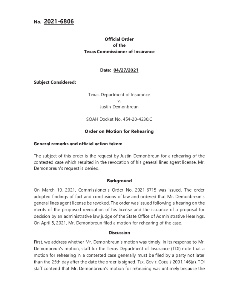 Fillable Online Signed - Motion for Rehearing for TDI v. Justin ...