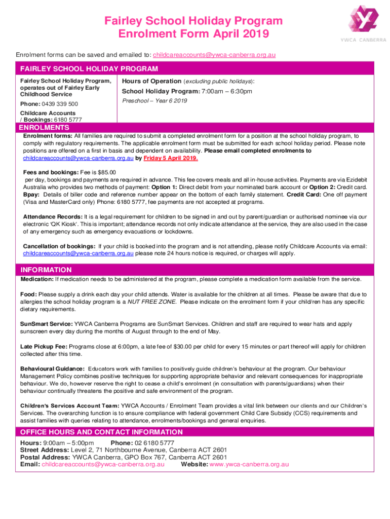 Fillable Online ywca-canberra org SCHOOL HOLIDAY PROGRAM ENROLMENT FORM ...