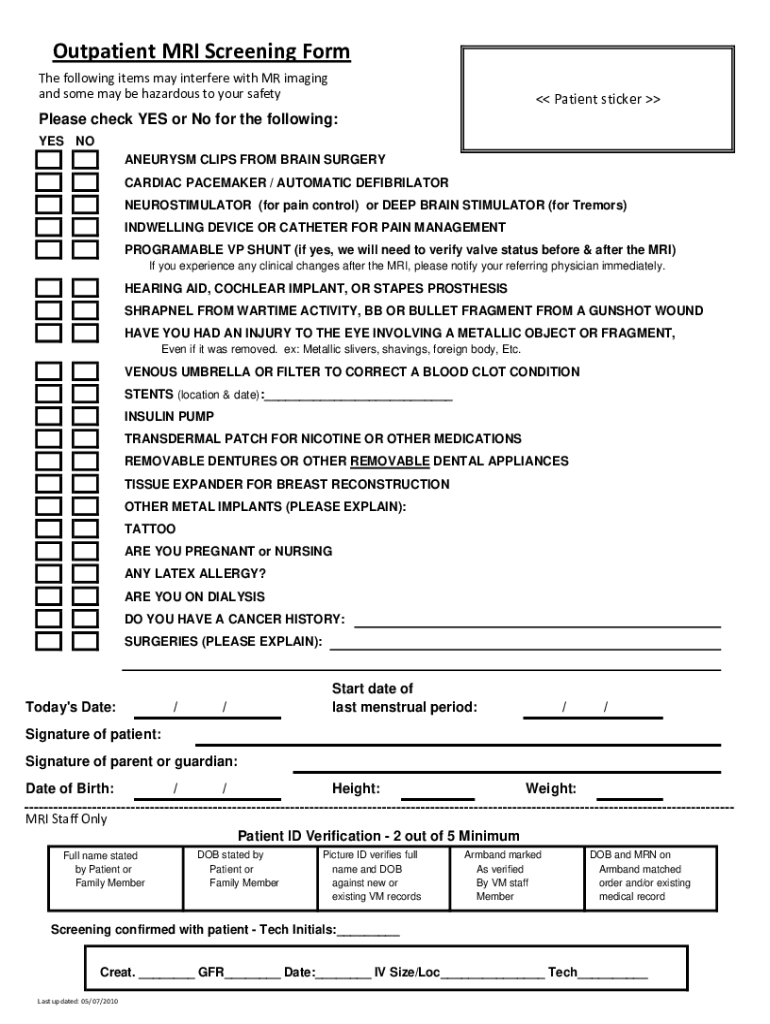 Fillable Online 3.0 T MRI Procedure Screening Form for Participants and ...