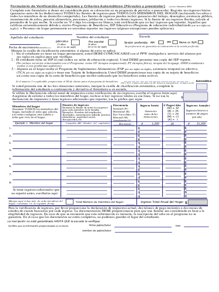 Fillable Online shadyspringes bcps Income Verification and Automatic ...