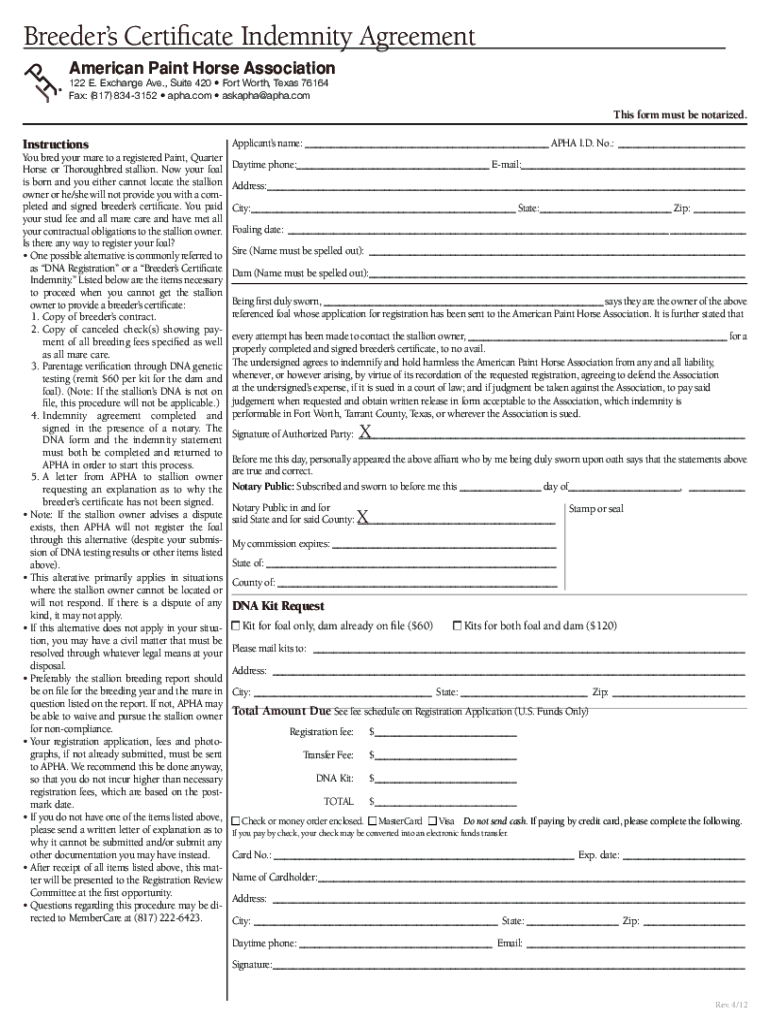 Fillable Online apha.comBreeders-Certificate-Indemnity2021Breeders ...