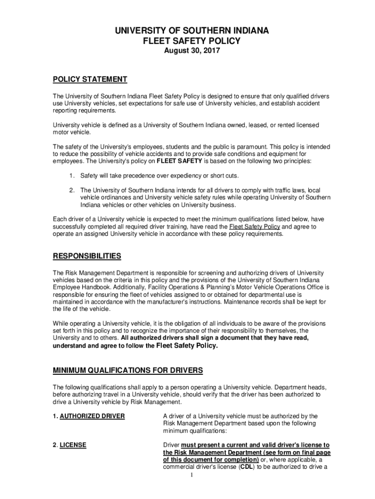 Fillable Online www.usi.edufinal-usi-vehicle-safety-policyUNIVERSITY OF ...