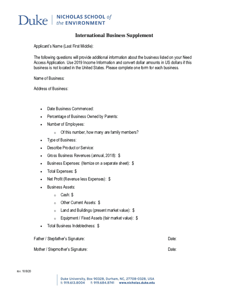 Fillable Online nicholas duke International Business Supplement Form ...