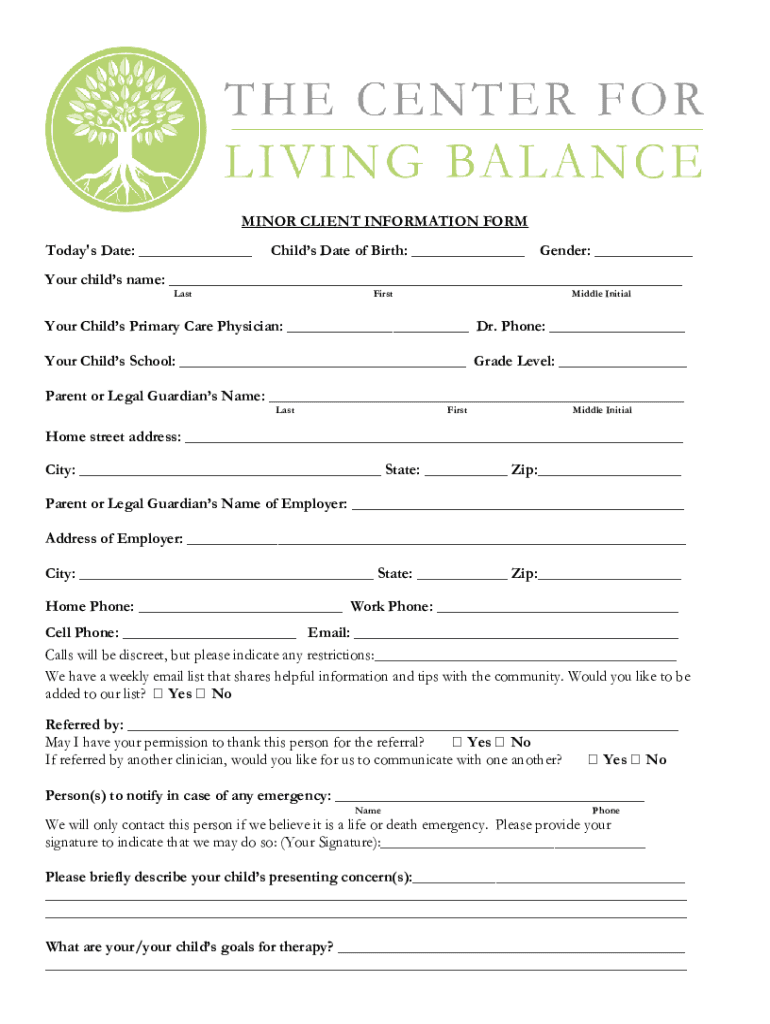 Fillable Online CLIENT INFORMATION FORM (MINOR) Todays Date Fax Email ...