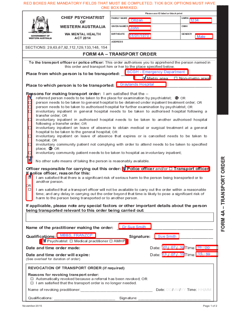 Fillable Online TRANSPORT ORDER - FORM 4A - WA Health Fax Email Print ...