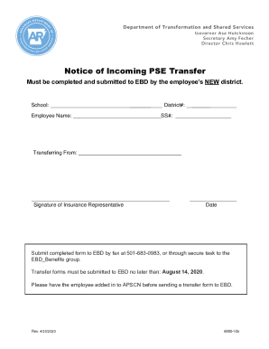 Fillable Online Notice of Incoming PSE Transfer - Arkansas Fax Email ...