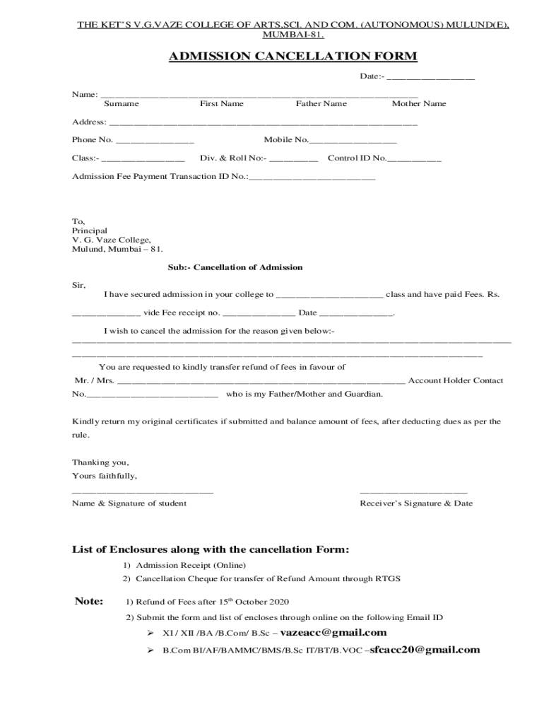 Fillable Online Admission Cancellation Form Fax Email Print - pdfFiller