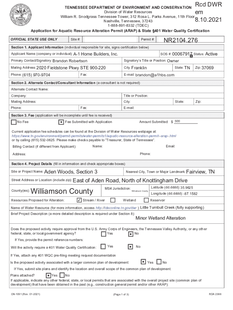 Fillable Online Rcd DWR em TENNESSEE DEPARTMENT OF ENVIRONMENT AND ...