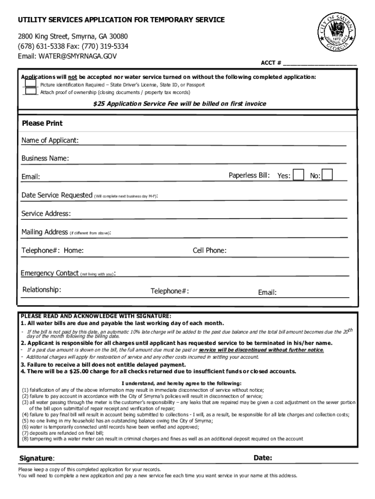 Fillable Online UTILITY SERVICES APPLICATION FOR TEMPORARY SERVICE ... Fax Email Print - pdfFiller