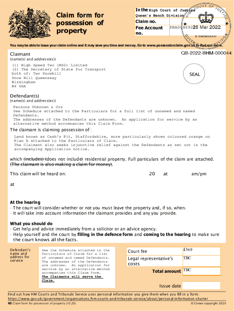 Fillable Online Progress of N1 Claim Form through Queens Bench Division ...