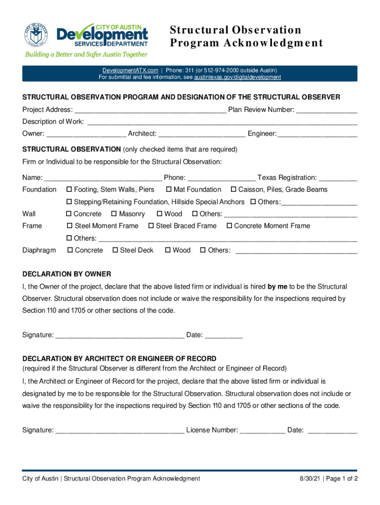 Fillable Online Structural Observation Report - Commercial Plan Review. Structural Observation ...