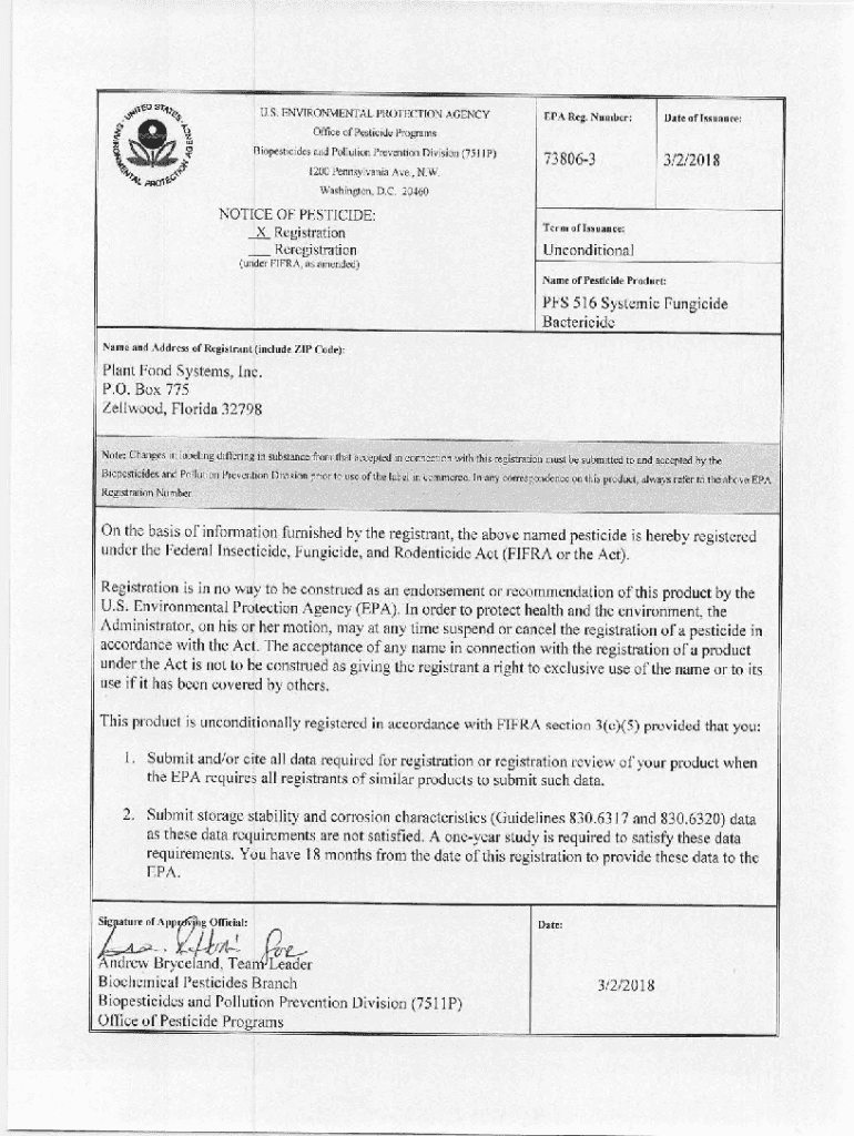 Fillable Online US EPA, Pesticide Product Label, PFS 516 SYSTEMIC ...