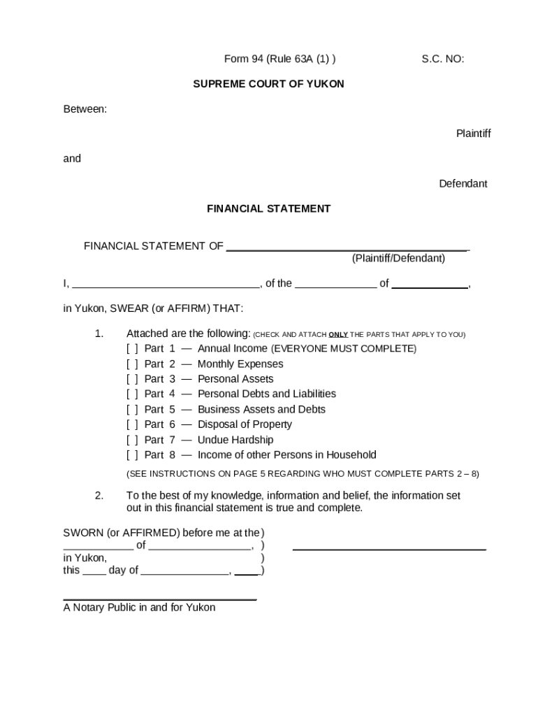 Get the free SUPREME COURT OF YUKON FINANCIAL STATEMENT ... Doc Template | pdfFiller