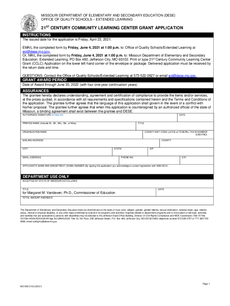 Fillable Online dese mo ST CENTURY COMMUNITY LEARNING CENTER GRANT APPLICATION - dese.mo.gov Fax ...