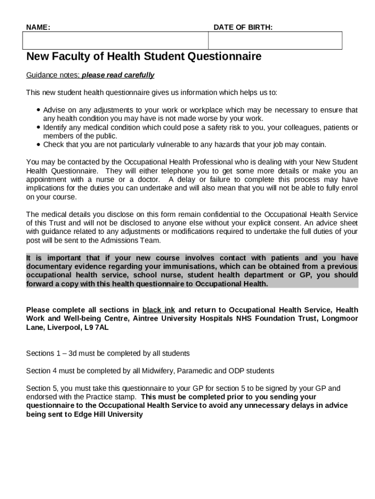 STUDENT HEALTH QUESTIONNAIRE (PLEASE COMPLETE AND SIGN ... Doc Template ...