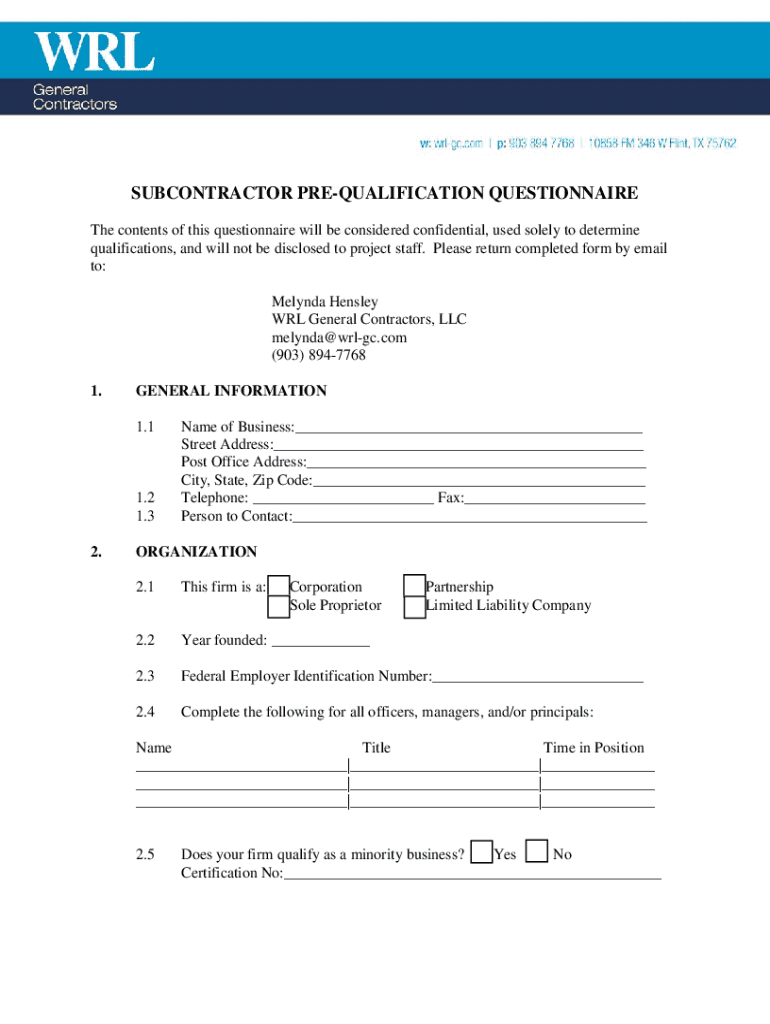 Fillable Online SUBCONTRACTOR PREQUALIFICATION STATEMENT Fax Email ...