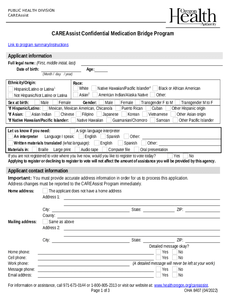 CAREAssist Bridge Program Application - Oregon Doc Template | pdfFiller