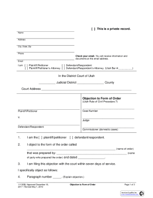 Fillable Online Objection to Form of Order (Utah Rule of Civil ...