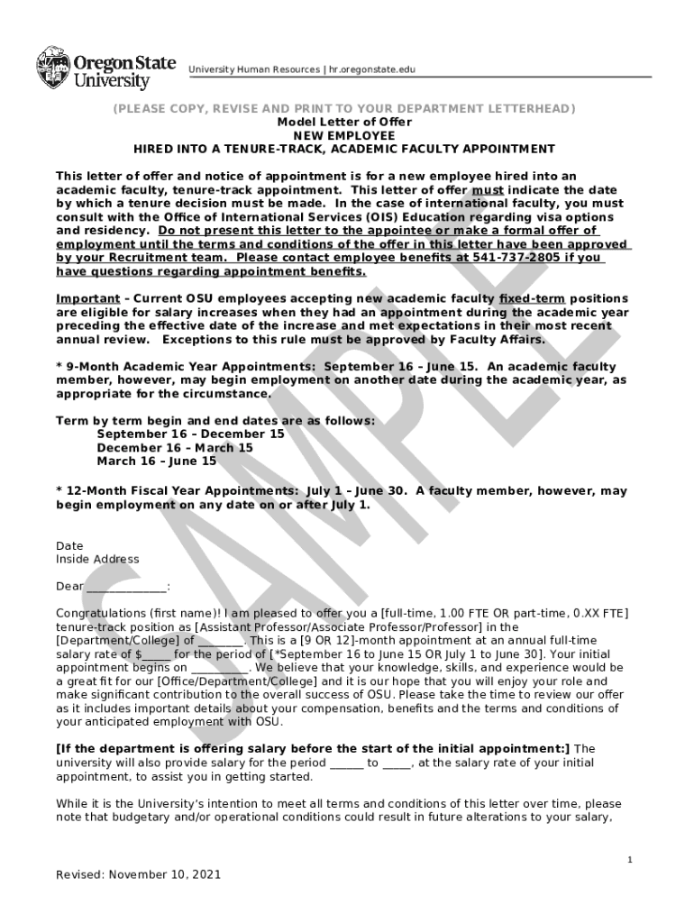 Sample Offer Letter NEW EMPLOYEE (Tenure-Track, Non-Administrative Faculty). Letter of Offer is ...
