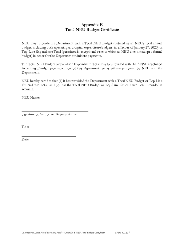 Fillable Online Appendix E Total NEU Budget Certificate Fax Email Print - pdfFiller