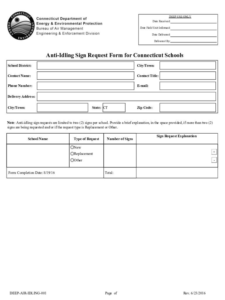Fillable Online Anti-Idling Sign Request Form. Connecticut K-12 schools ...