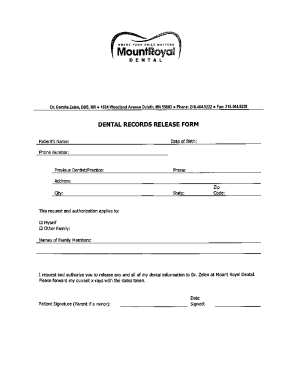 Fillable Online Authorization For The Release Of Dental Records Fax ...