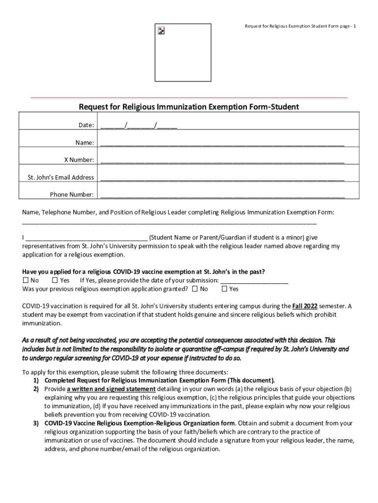 Fillable Online REQUEST FOR RELIGIOUS EXEMPTION TO IMMUNIZATION FORM ...