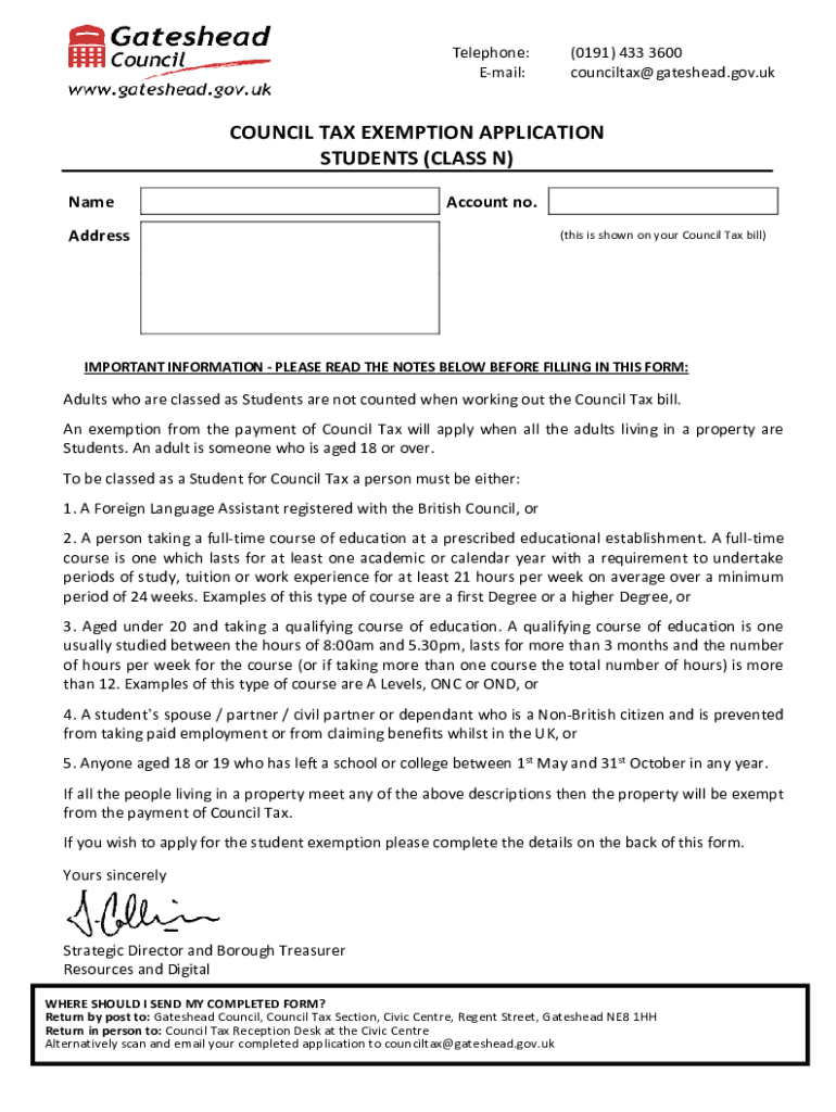 Fillable Online COUNCIL TAX EXEMPTION APPLICATION STUDENTS (CLASS N ...