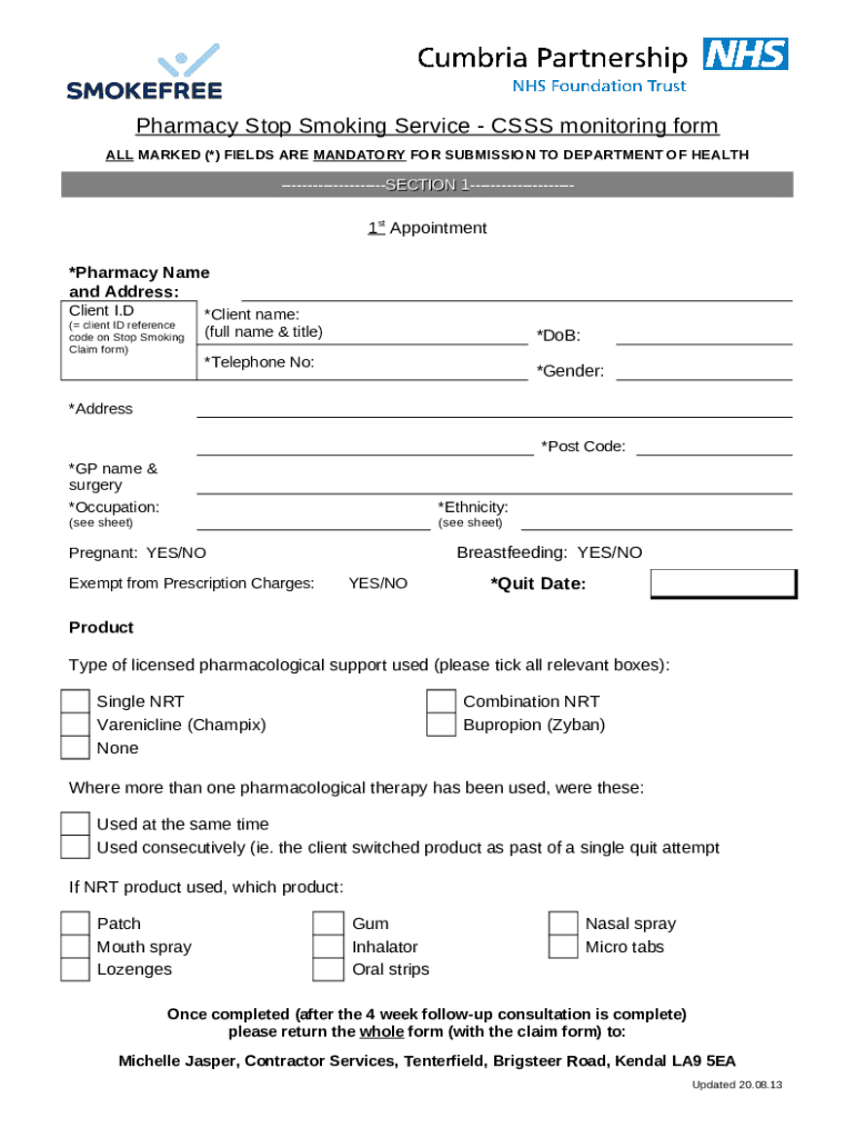Pharmacy Stop Smoking Service - CSSS Monitoring Doc Template | pdfFiller