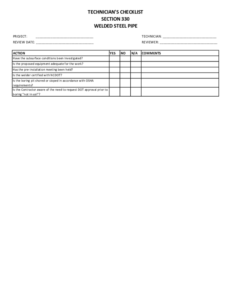 Fillable Online TECHNICIAN'S CHECKLIST SECTION 330 WELDED STEEL PIPE Fax Email Print - pdfFiller