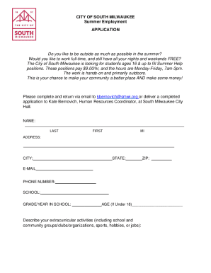 Fillable Online CITY OF SOUTH MILWAUKEE Summer Employment APPLICATION ...